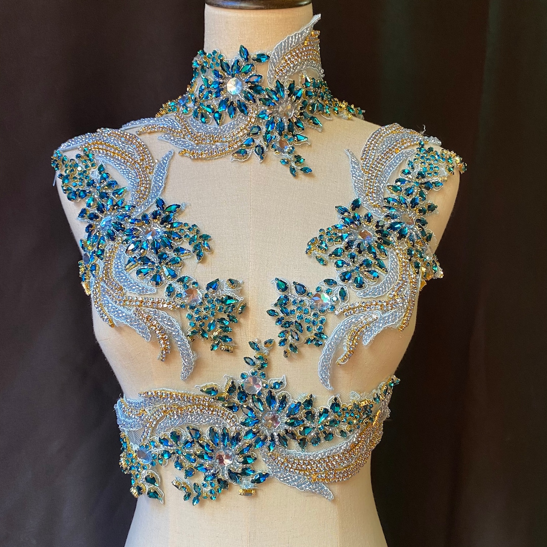 Lake Blue Rhinestone Applique, 3d Crystal Beaded Motif Lace Collar ...