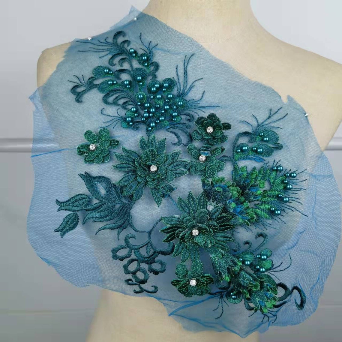 Green 3D Lace Applique Emerald Green Beaded Shoulder Applique - Etsy