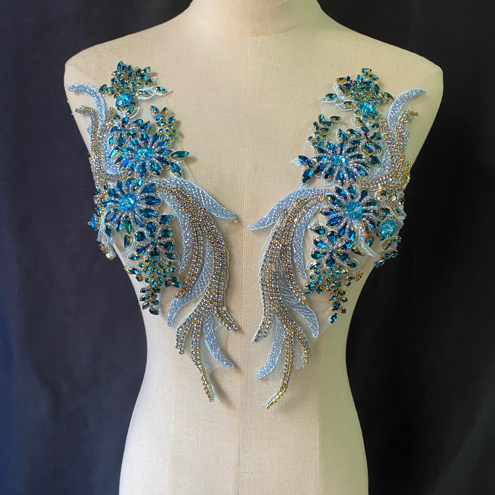 Lake Blue Rhinestone Applique 3d Crystal Beaded Motif Lace - Etsy