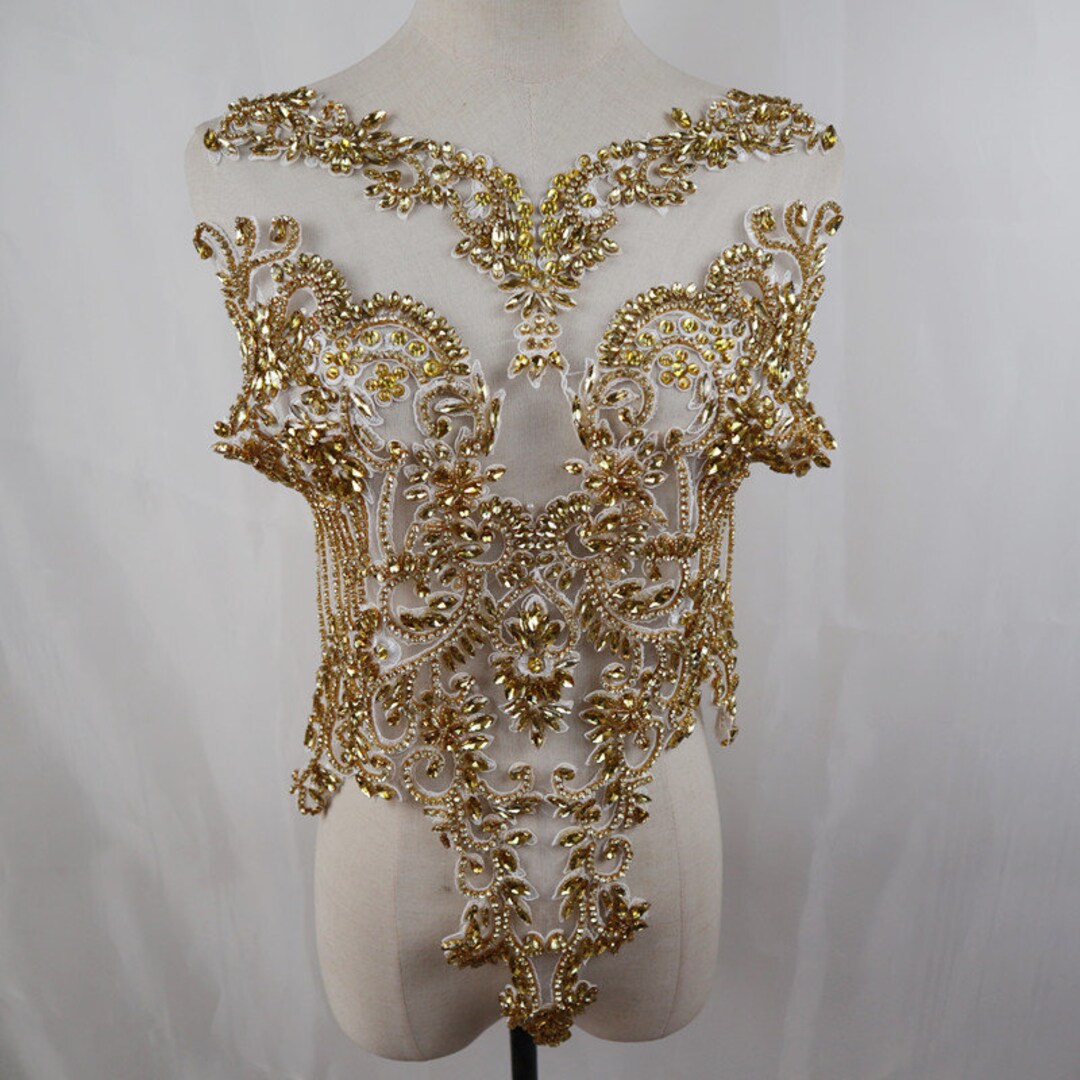 Deluxe Large Rhinestone Applique, Handmade Big Bodice White Lace Frech ...