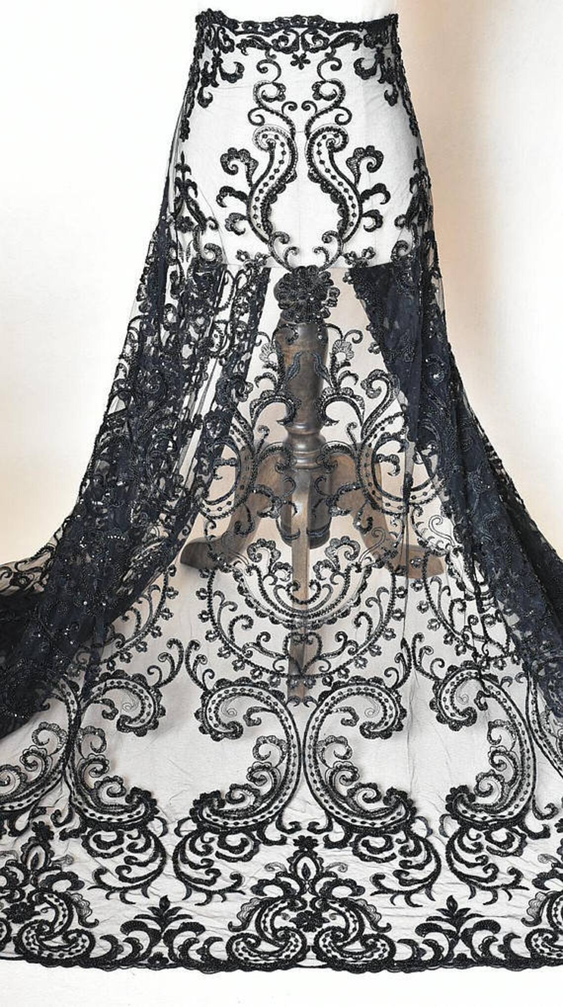Black Gothic Beaded Lace Fabric, Ivory White Heavy Beading Embroidery ...