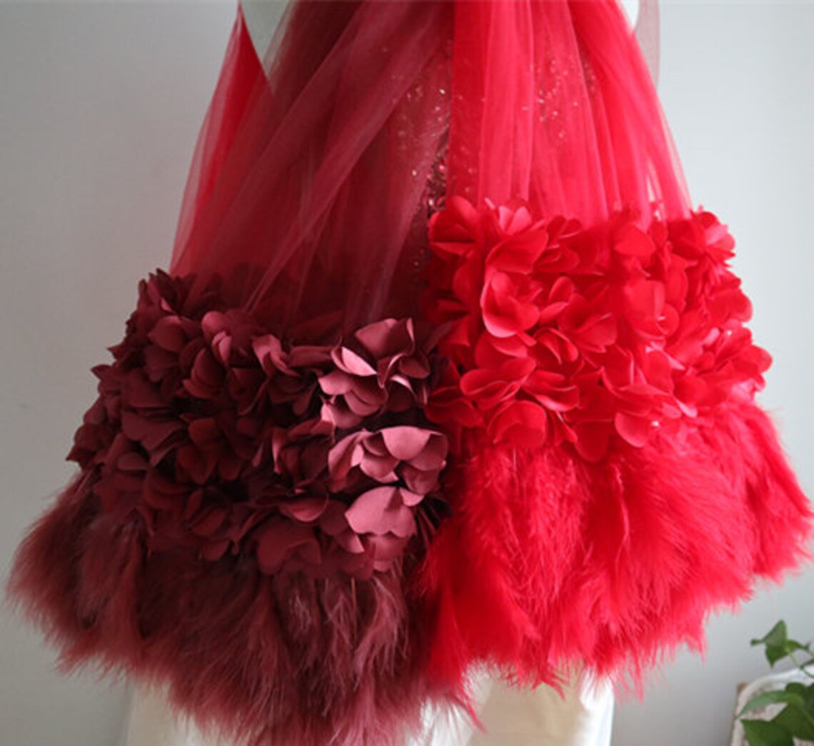 Red 3D Flowers Ruffled Tulle Lace Fabric With Feather Bottom | Etsy