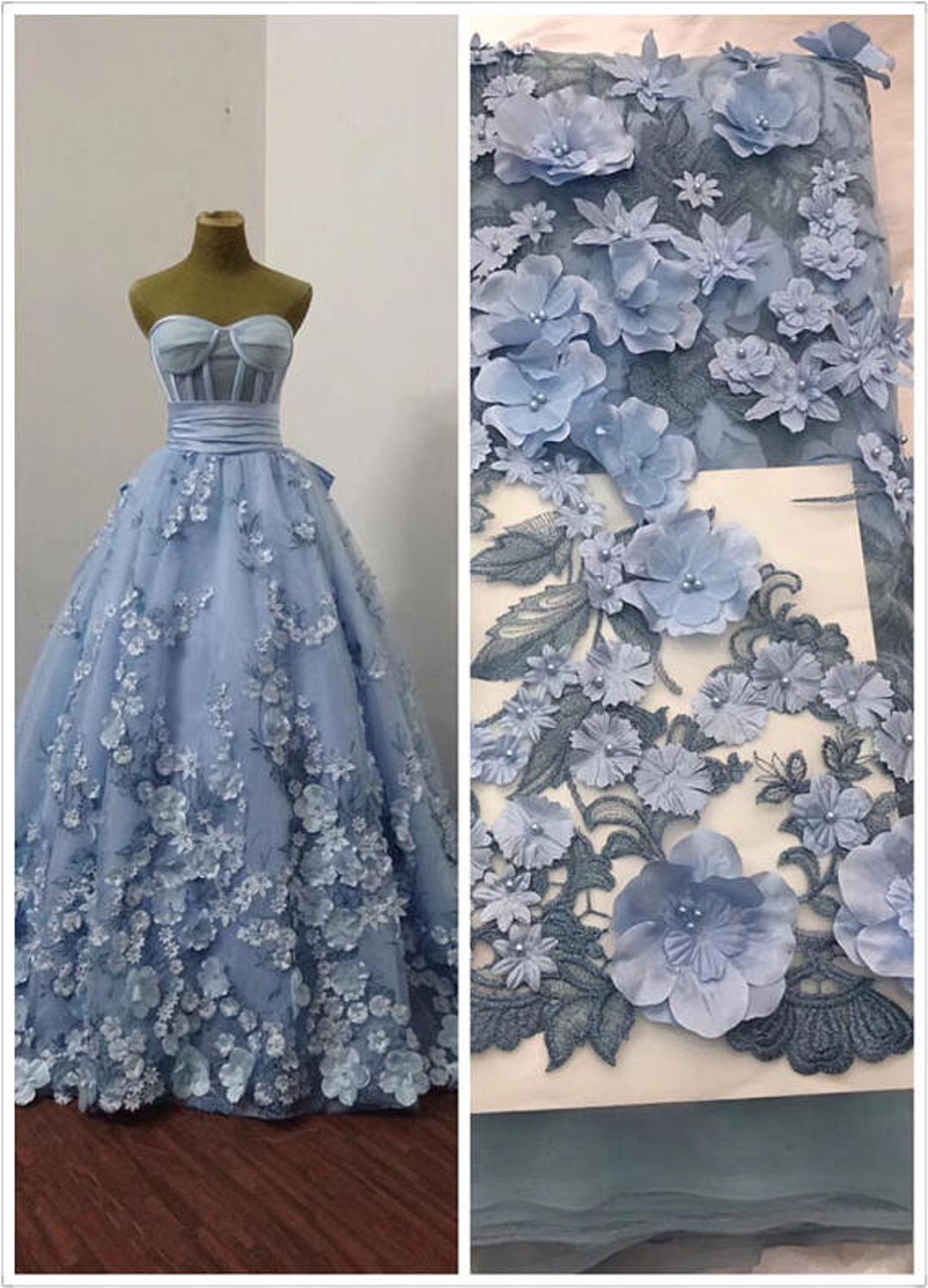 Light Blue 3D Flower Lace Fabric, Stylish Dusty Blue 3D Beading ...