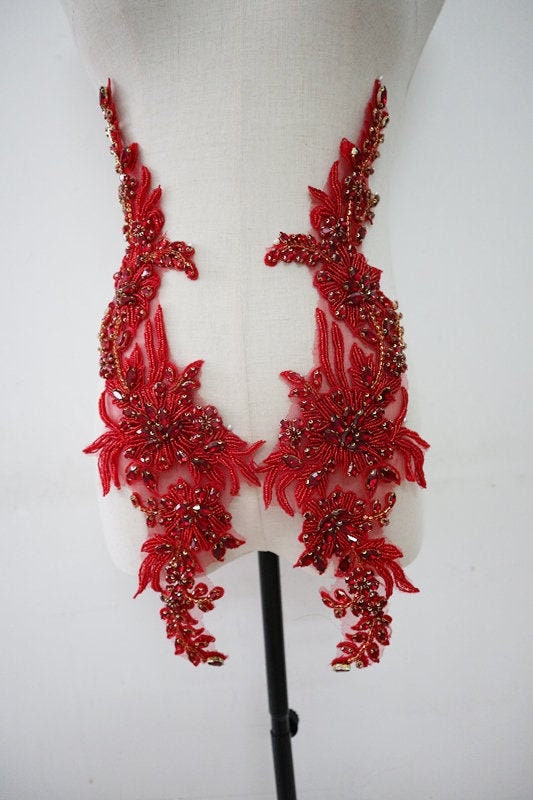Deluxe Red Rhinestone Applique Pairs Green Gold Beaded Motif | Etsy