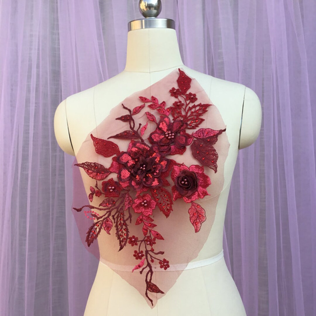 Wine Red 3D Flowers Lace Applique, Pastel Pink Lace Beaded Applique for ...