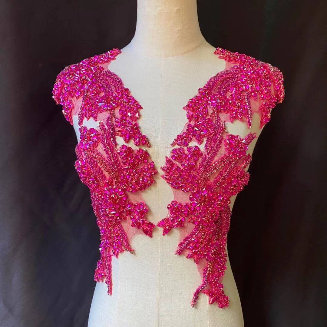 Hot Pink Rhinestone Applique, Handmade Crystal Beaded Motif Lace Pair ...
