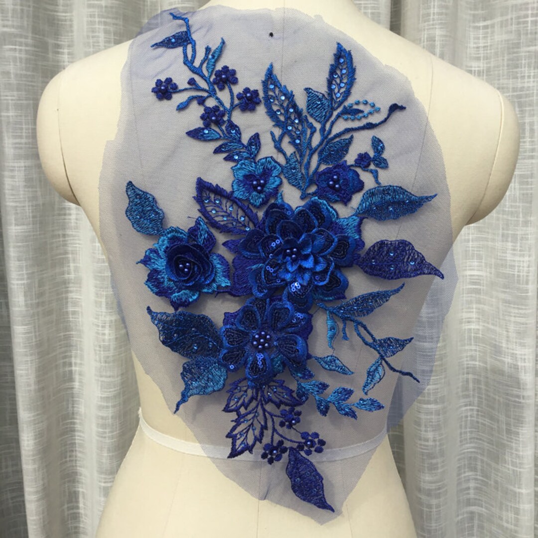 Royal Blue 3d Flowers Lace Applique 3d Lace Beaded Applique For For