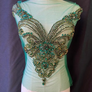 Green Bodice Rhinestone Applique, V Collar Front Bodice Beading ...