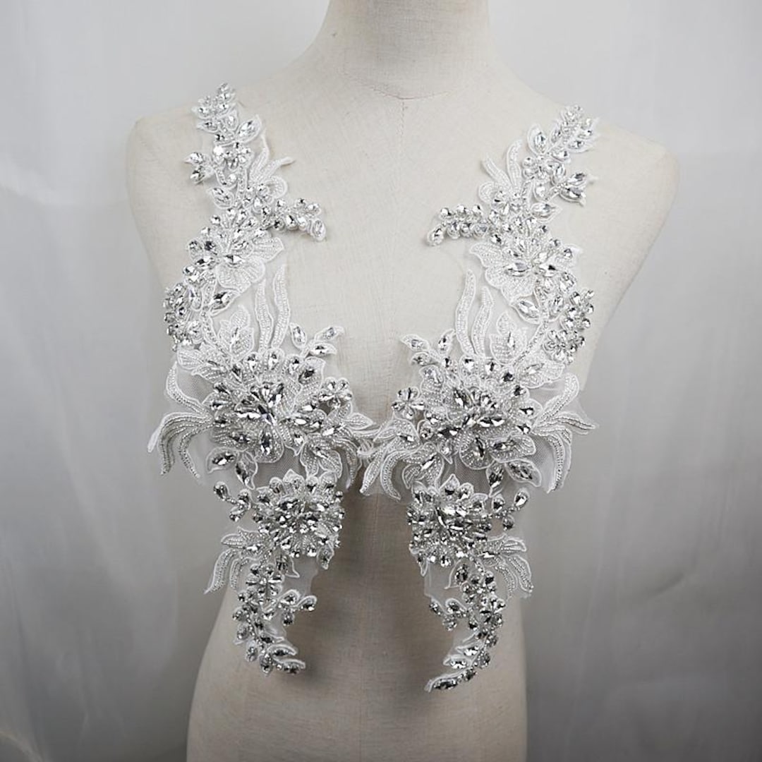 Stunning Silver Rhinestone Applique Collar, Crystal Beaded Motif Lace ...