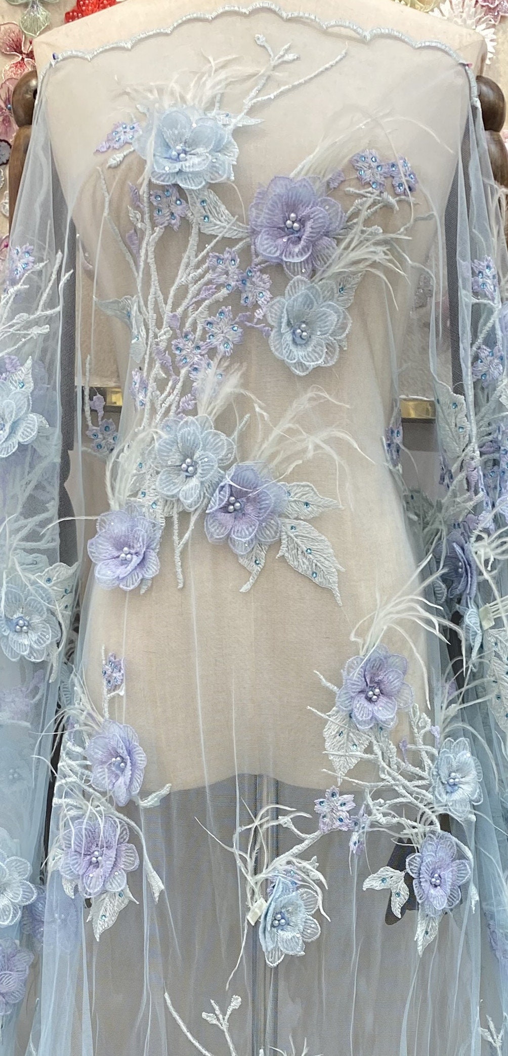 Light blue 3D flower lace fabric by the yard embroidered lace | Etsy