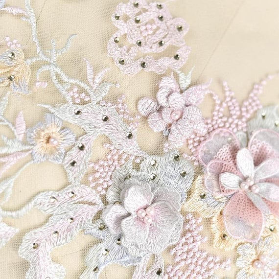 Pastel Pink 3D Flower Applique, Mix Color Embroidery Beaded Lace ...