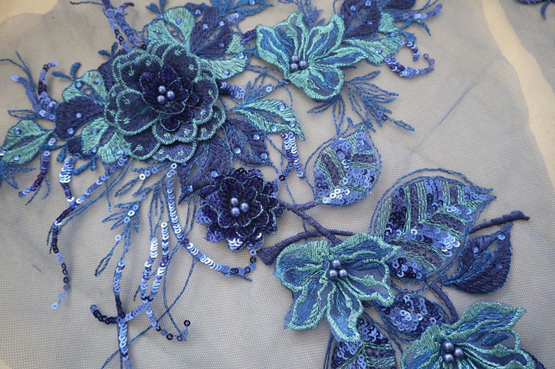 Royal blue 3D flowers Applique pair big size lace applique | Etsy