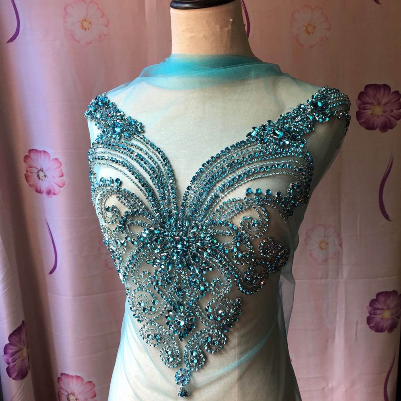 Green Bodice Rhinestone Applique V Collar Front Bodice - Etsy