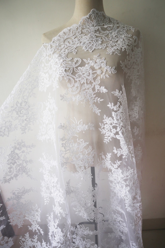 Pure White Bridal Lace Fabric Big White Embroidery Tulle Lace | Etsy