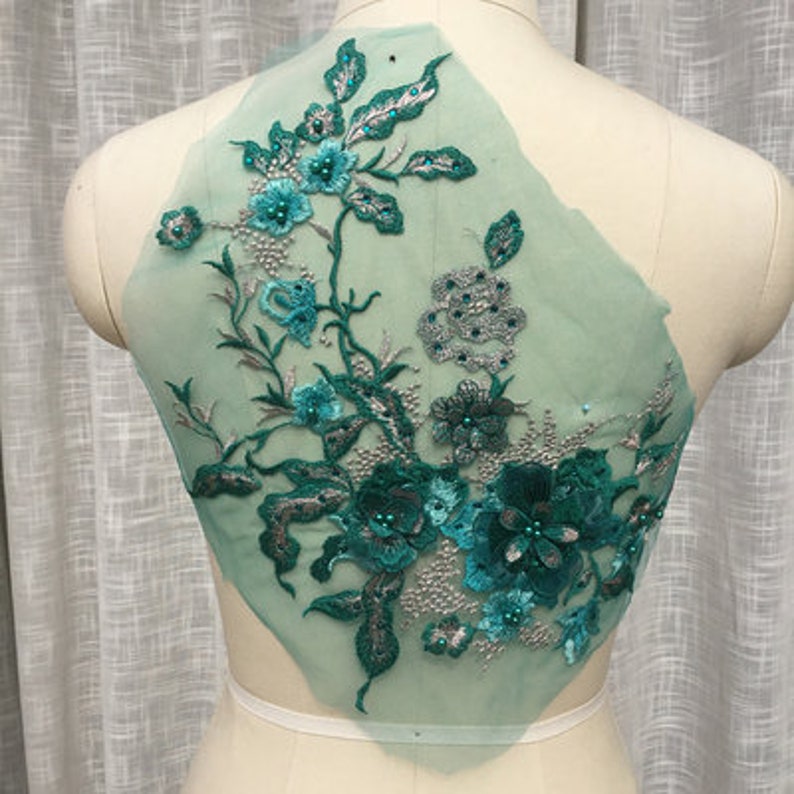 Green 3D Flowers Applique, Pastel Pink Embroidery Beaded Lace Applique ...
