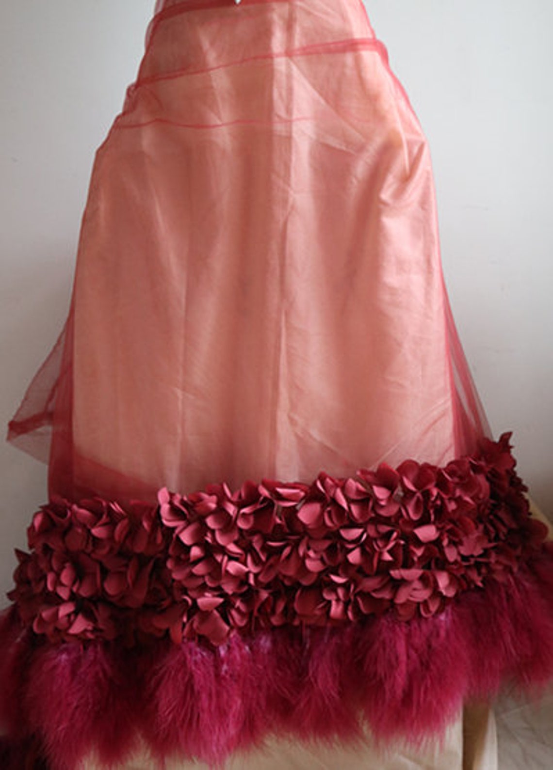 Red 3D Flowers Ruffled Tulle Lace Fabric With Feather Bottom - Etsy