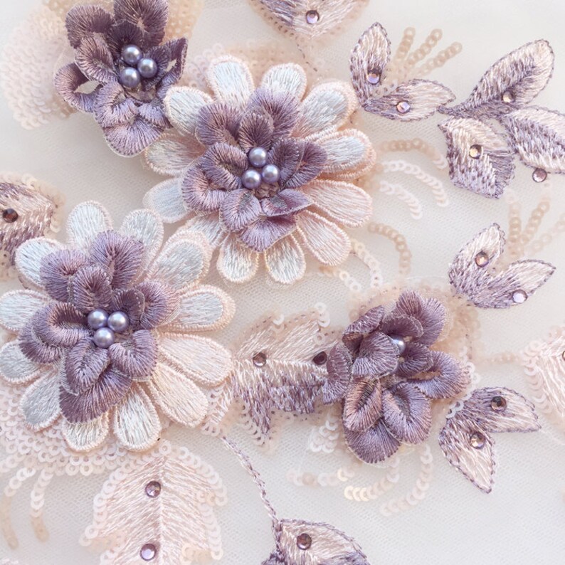 Pink With Purple 3D Applique 3d Flowers Beaded Lace Applique | Etsy