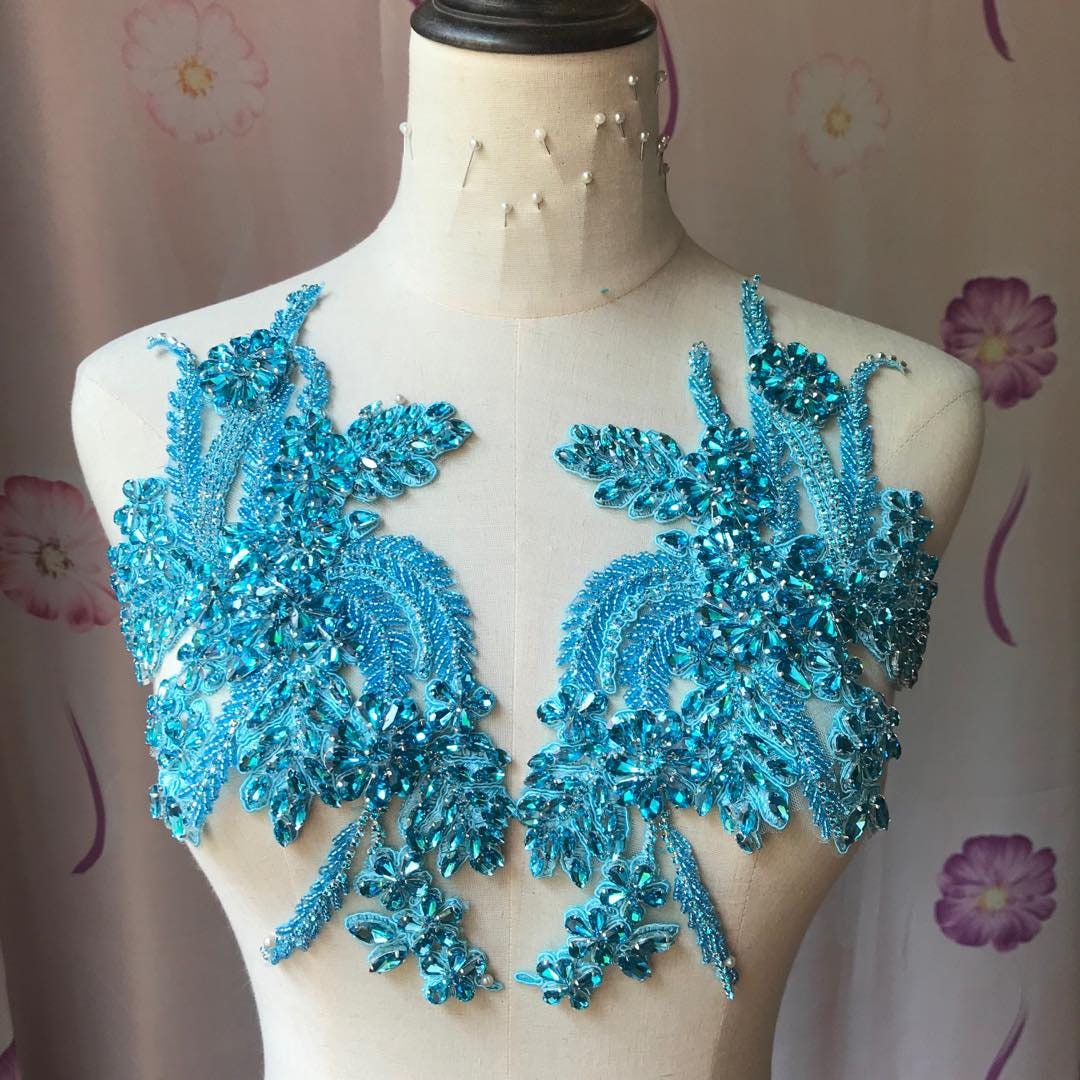 Turquoise blue rhinestone applique crystal beaded motif lace | Etsy