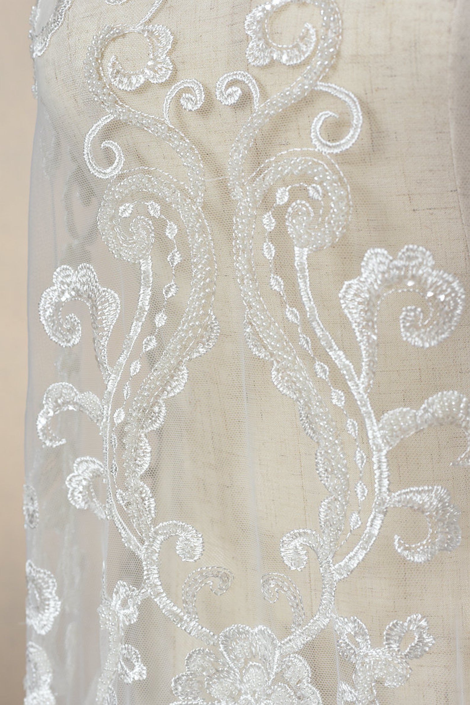 Black Gothic Beaded Lace Fabric, Ivory White Heavy Beading Embroidery ...