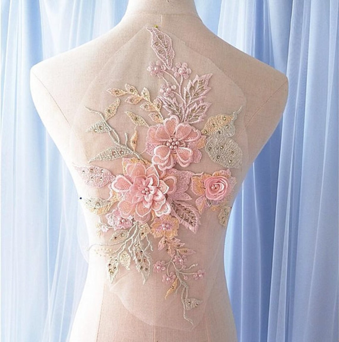 Pastel Pink 3D Flowers Applique, 3D Embroidery Beaded Lace Applique for ...