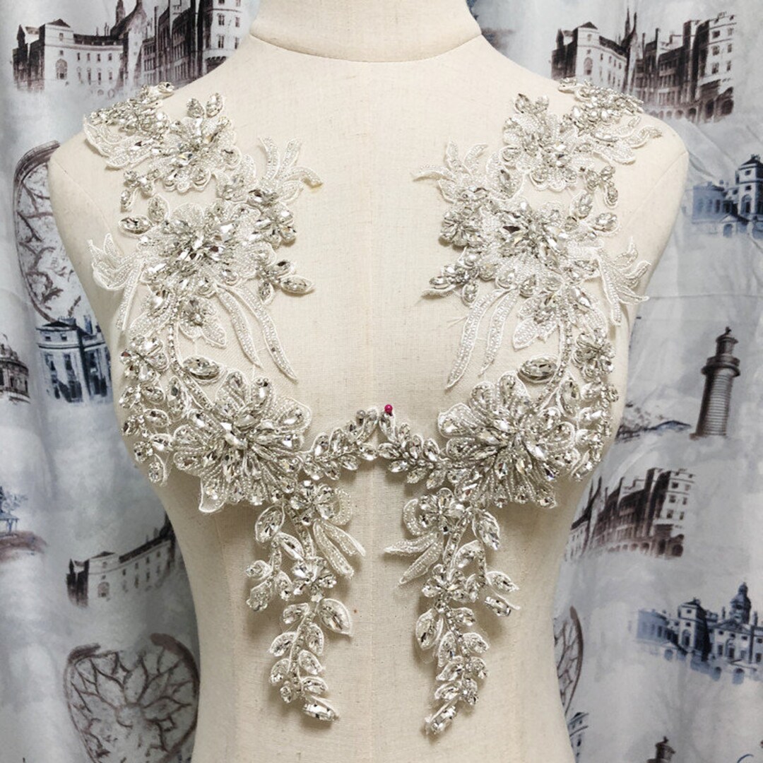 Handmade Rhinestone Applique, Silver Crystal Motif Floral Beaded Lace ...