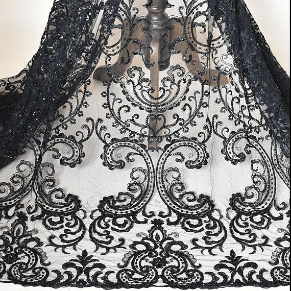 Black Gothic Beaded Lace Fabric, Ivory White Heavy Beading Embroidery ...