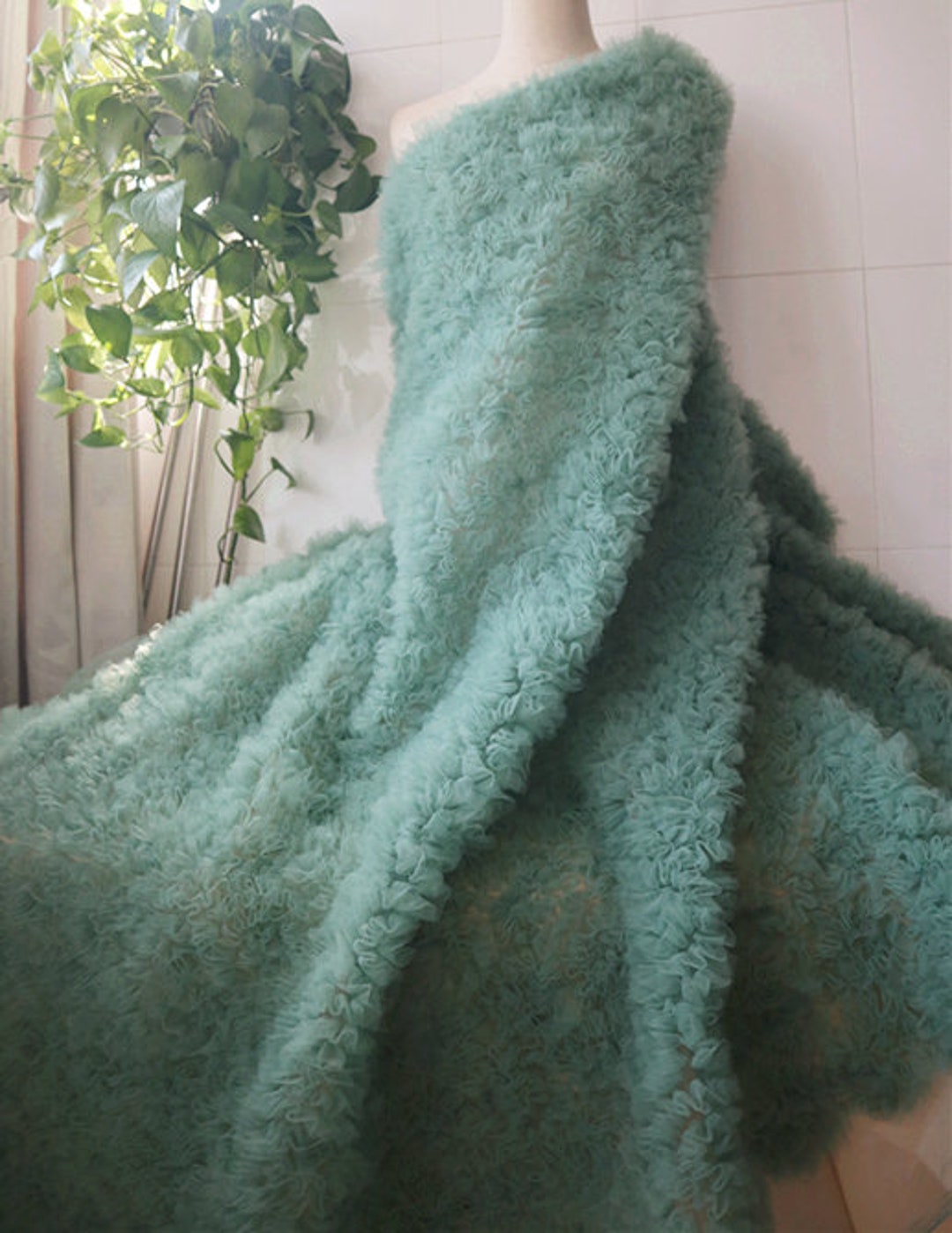 3D Green Ruffled Lace Fabric by the Yard, Tulle Pleated Rose Faric ...