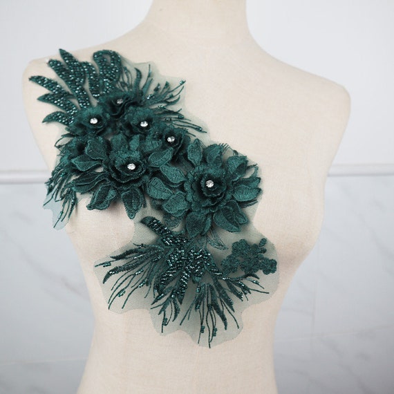 Green 3D Lace Applique Emerald Green Beaded Shoulder Applique | Etsy