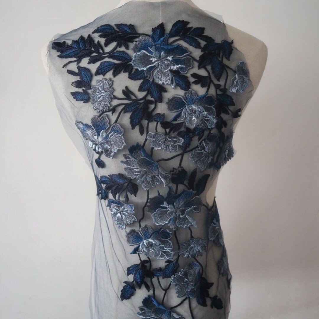 Navy Blue Lace Applique, Dark Blue Flowers Beaded Lace Fabric Patches ...
