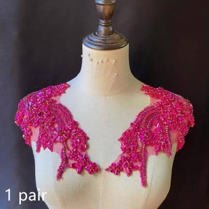 Hot Pink Rhinestone Applique, Handmade Crystal Beaded Motif Lace Pair ...