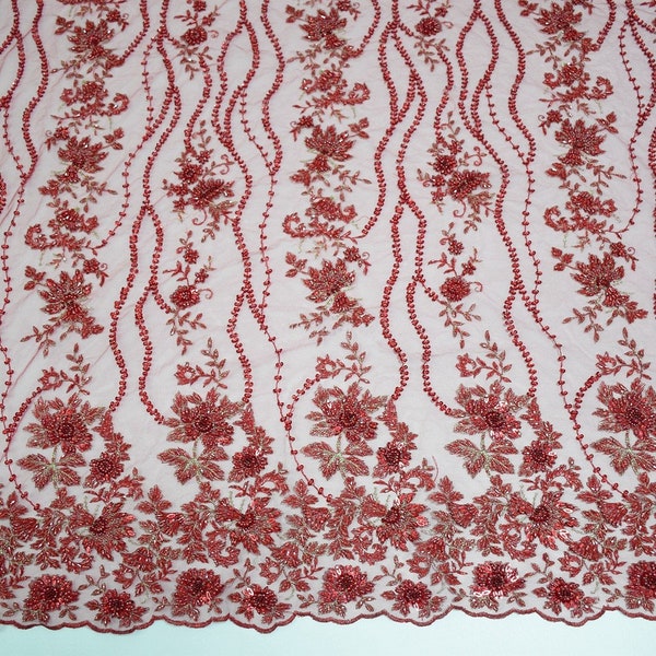 Red Beaded Lace Fabric - Etsy