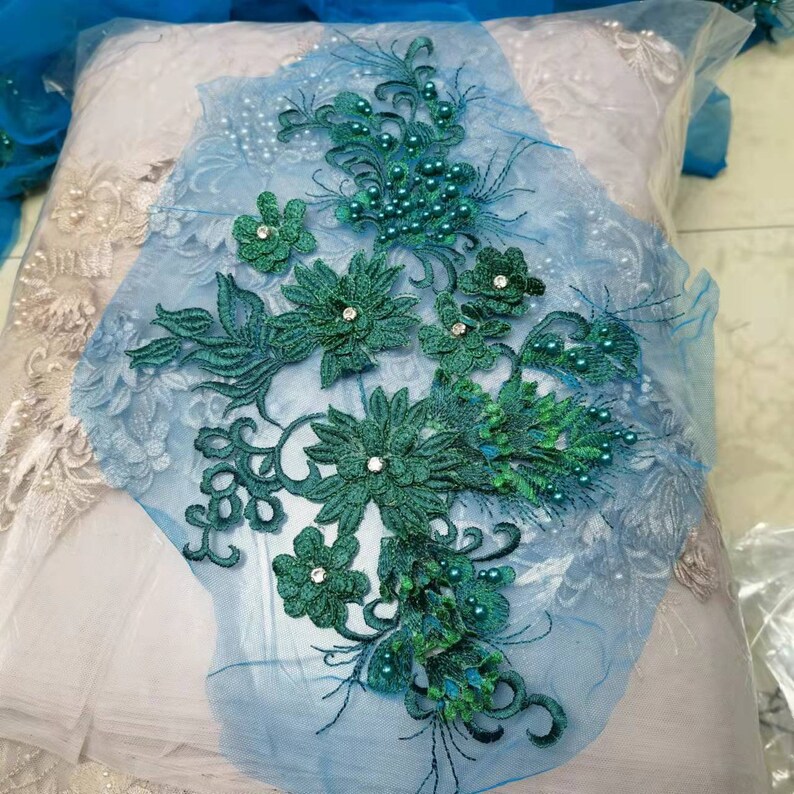 Green 3D Lace Applique Emerald Green Beaded Shoulder Applique - Etsy