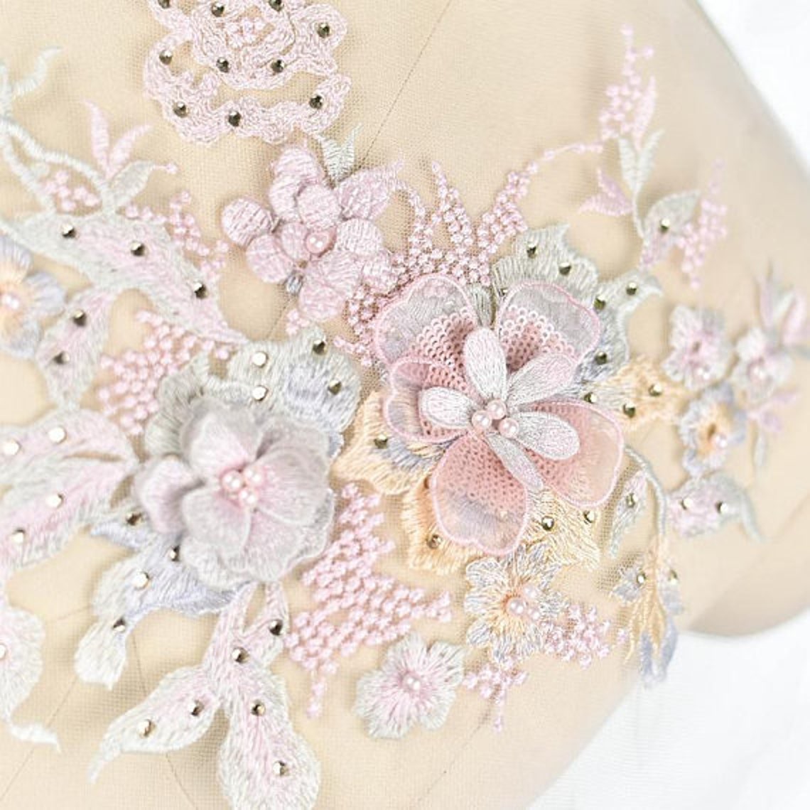 Pastel Pink 3D Flower Applique, Mix Color Embroidery Beaded Lace ...