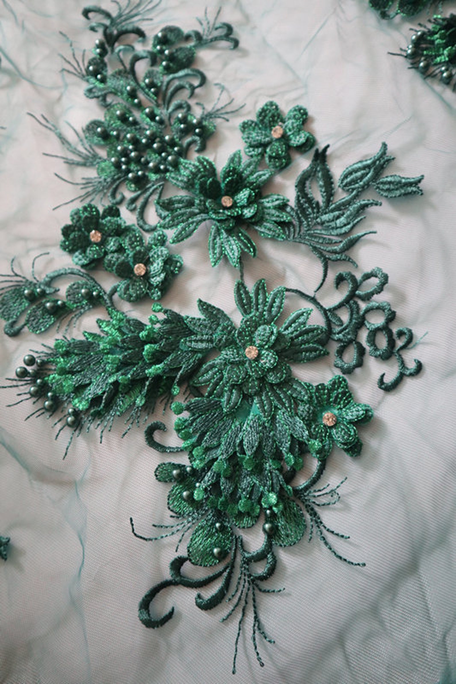 Green 3D Lace Applique emerald green beaded shoulder applique | Etsy