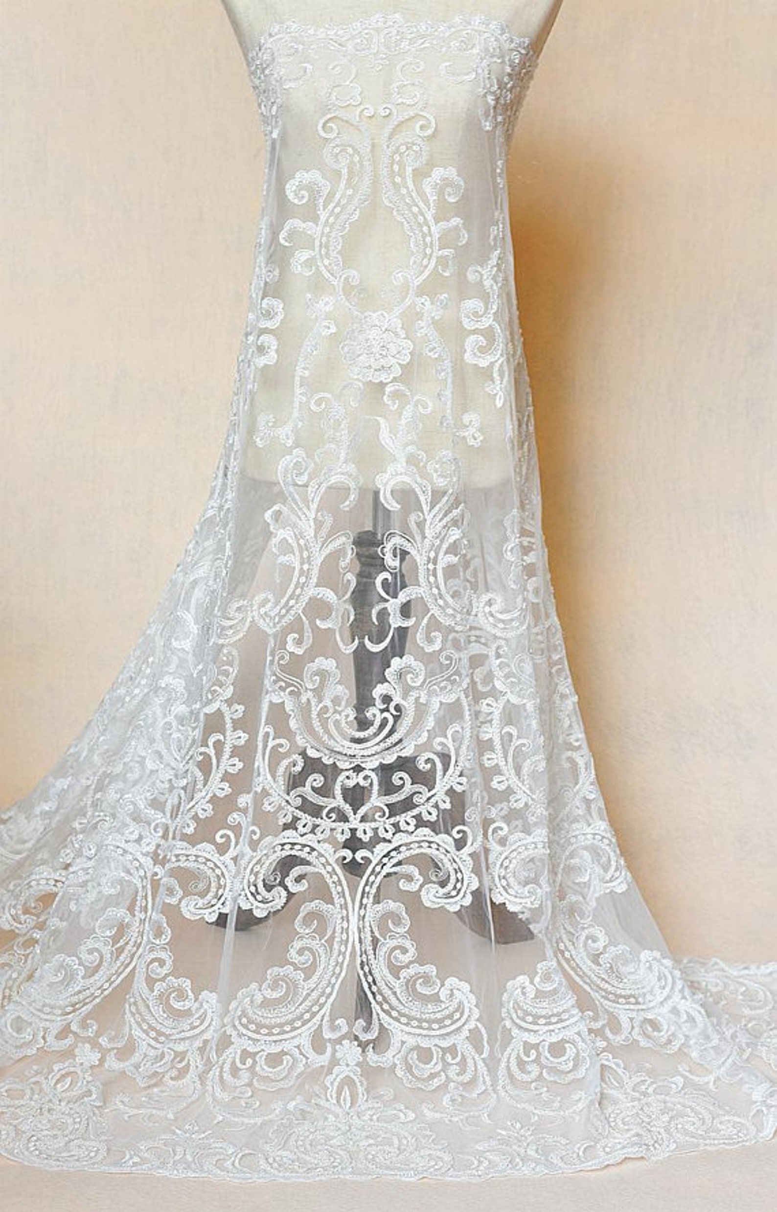 Black Gothic Beaded Lace Fabric, Ivory White Heavy Beading Embroidery ...