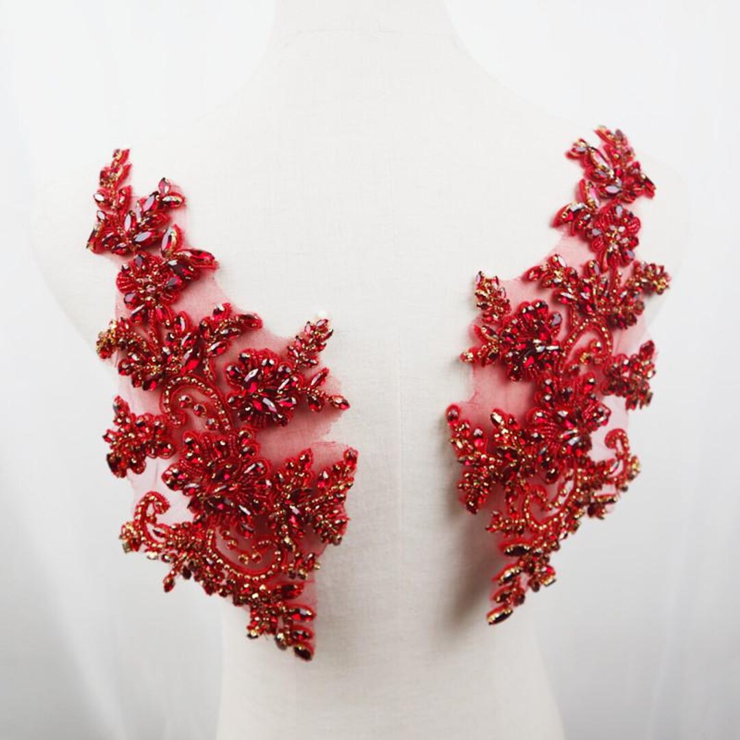 Red Rhinestone Applique, Encrusted Crystal Beaded Floral Motif Lace ...