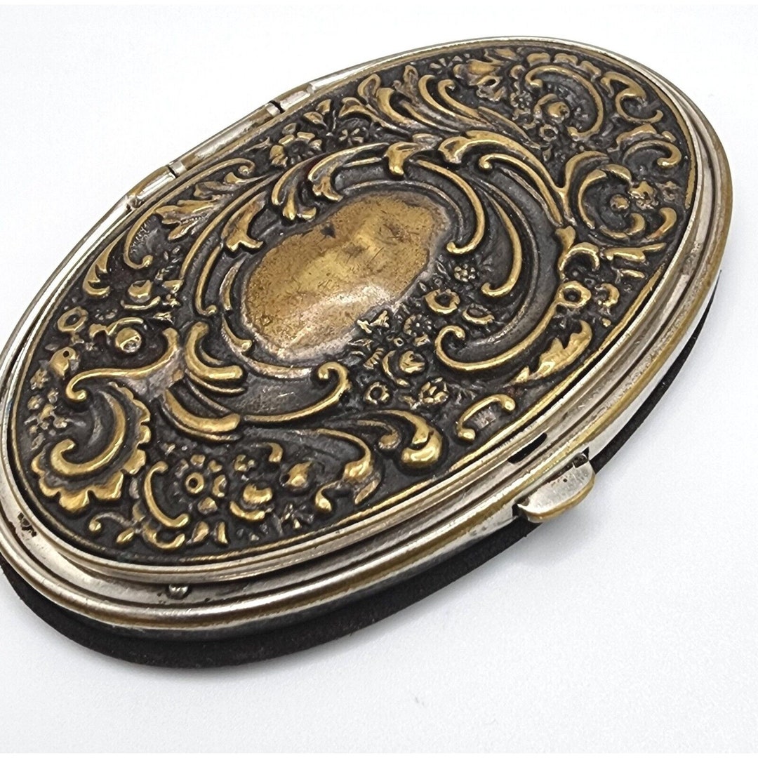 Vintage Antique Pill Box Coin Purse Silvertone Leather Art Nuevo Floral ...