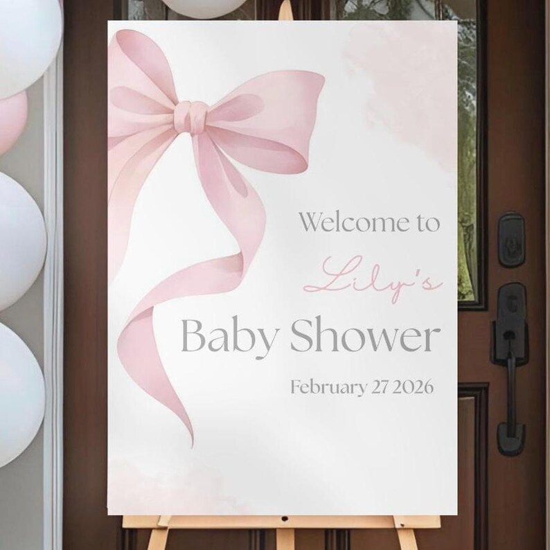 Soft Pink Bow Baby Shower Welcome Sign: Canva Template (digital ...