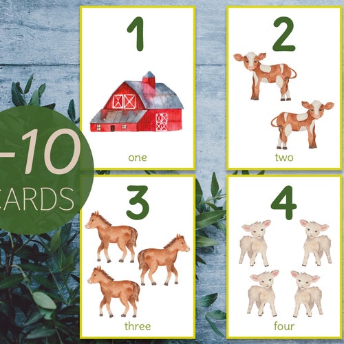 Farm Animal Number 1-10 Flash Cards. Toddler Watercolor - Etsy