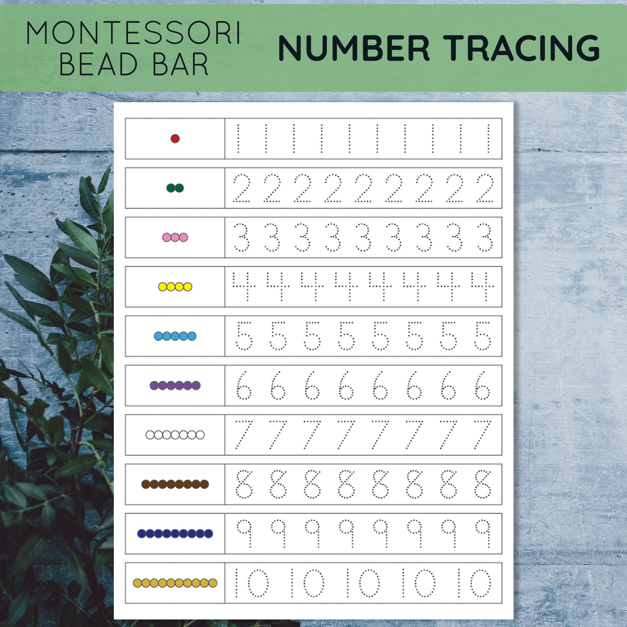 Montessori Bead Stair Number Tracing Worksheets. Kindergarten - Etsy