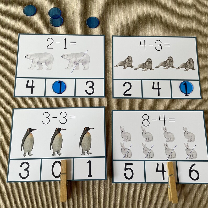 Winter Montessori Printable Count and Clip Cards Subtraction Polar ...
