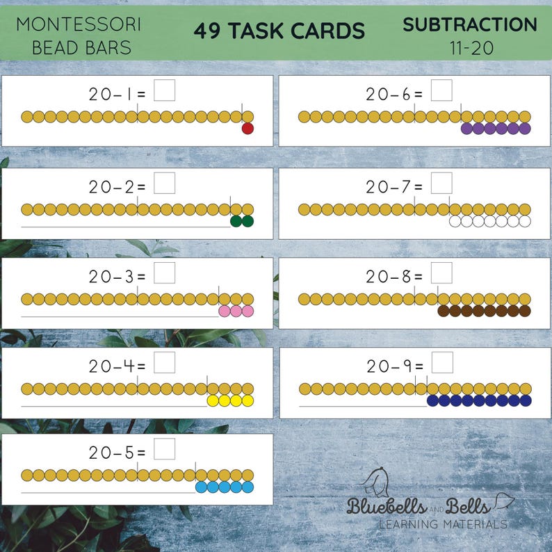 Montessori Bead Bars Subtraction 11-20 Task Cards. 1st Grade Math ...