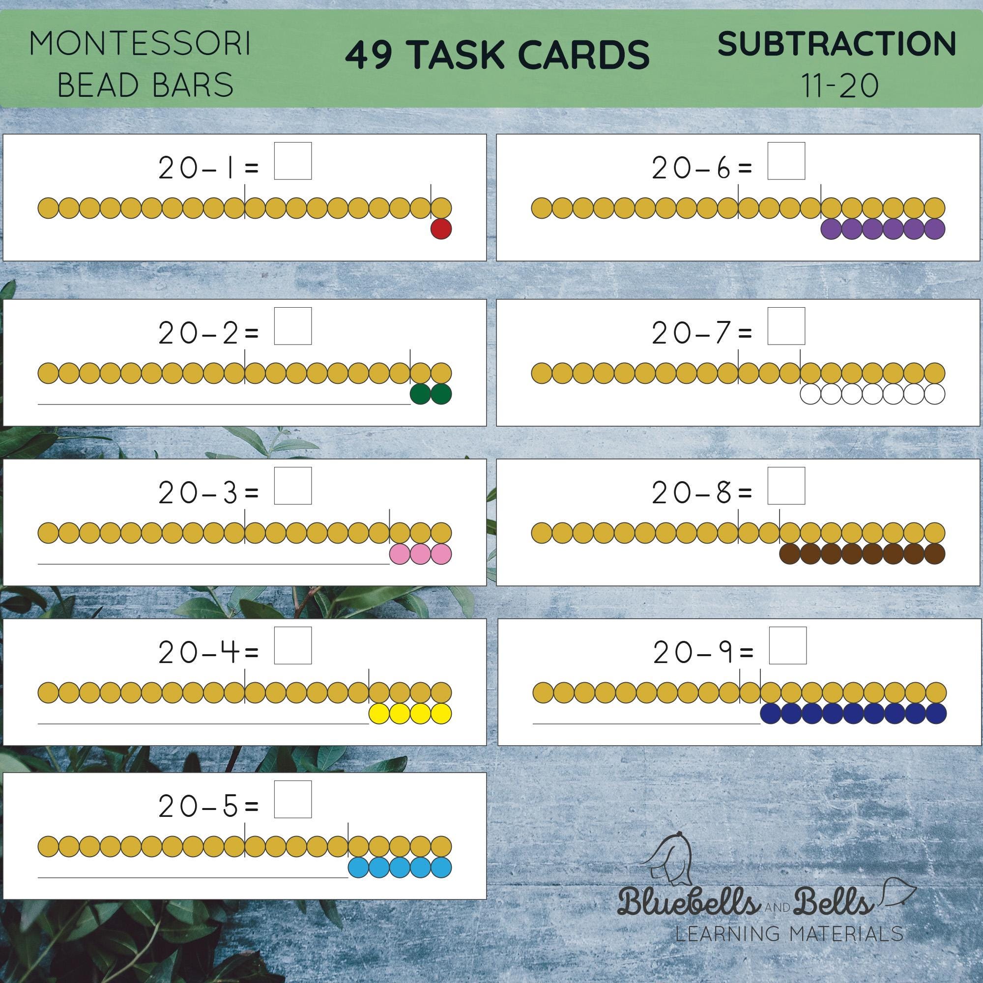 Montessori Bead Bars Subtraction 11-20 Task Cards. 1st Grade Math ...