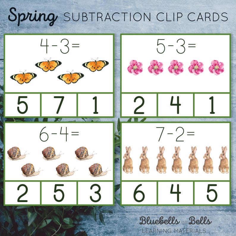 Spring Montessori Printable Subtraction Clip Cards 1-10. Preschool and ...