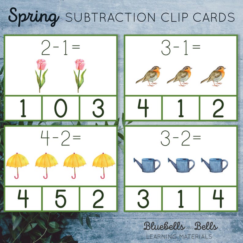 Spring Montessori Printable Subtraction Clip Cards 1-10. Preschool and ...