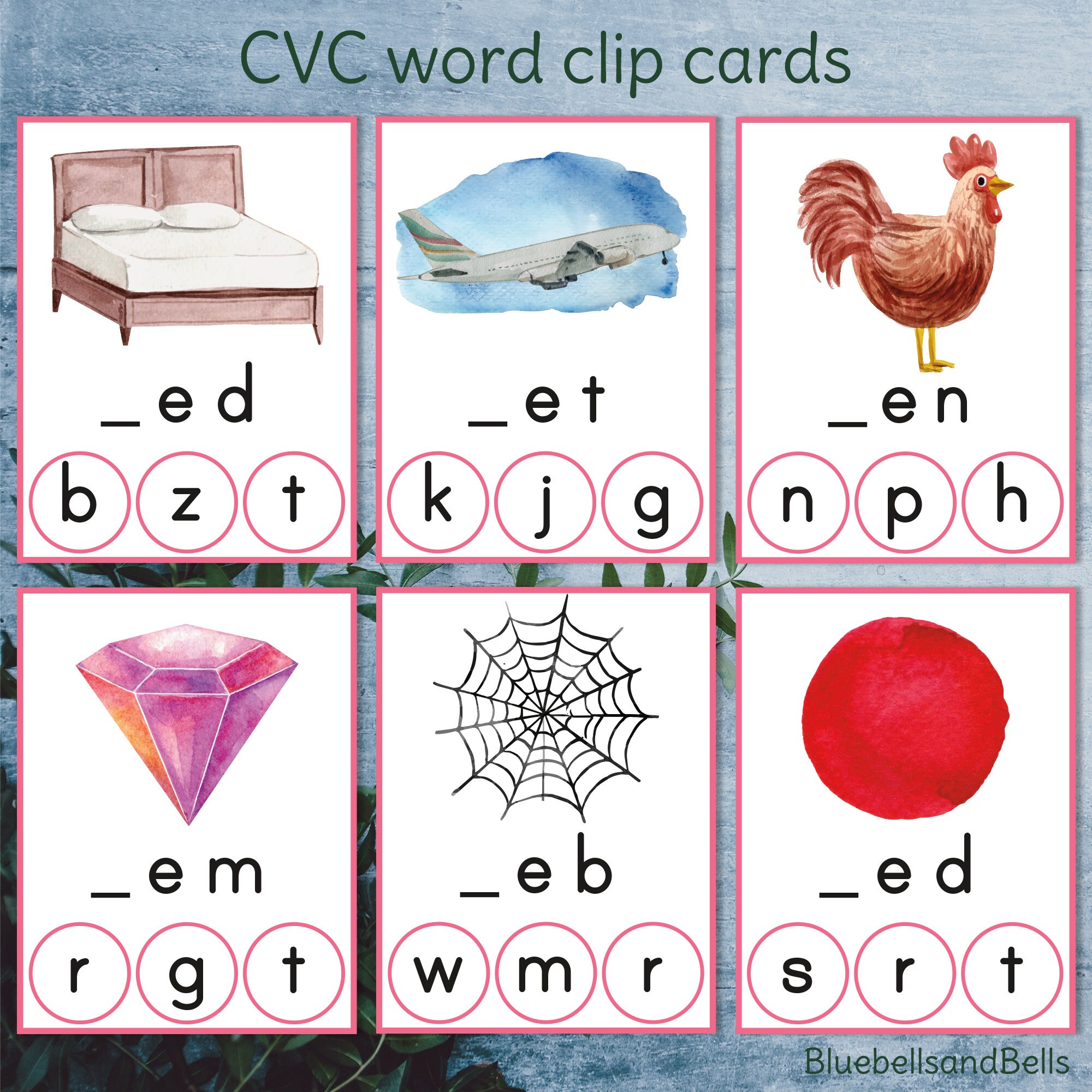 Phonics printable CVC word clip cards. Beginning sound | Etsy