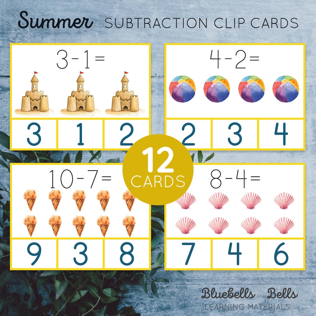 Summer Montessori Printable Subtraction Clip Cards 1-10. Preschool and ...