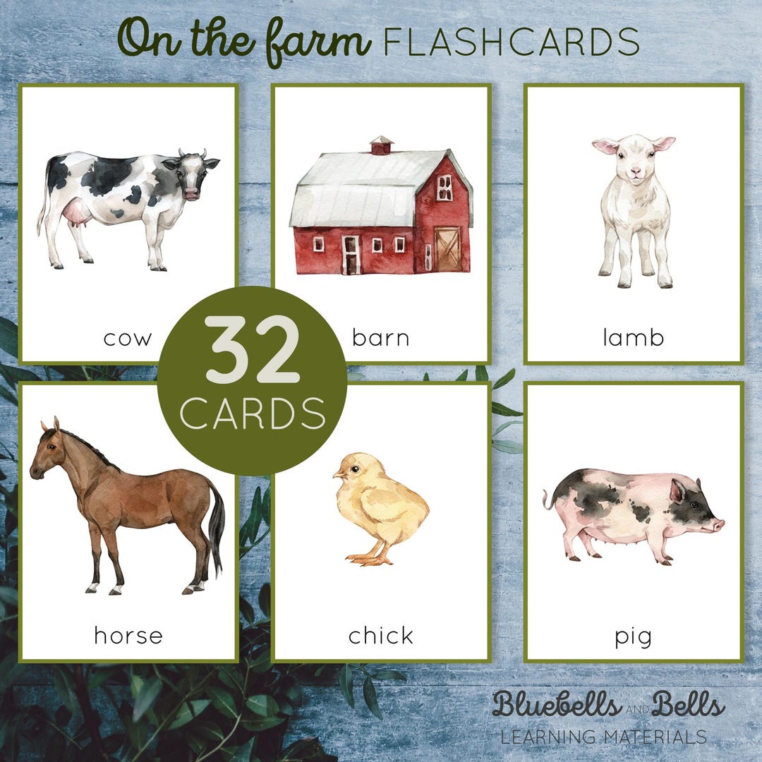 Farm Animals Flashcards. Toddler Watercolor Digital Cards. Preschool ...