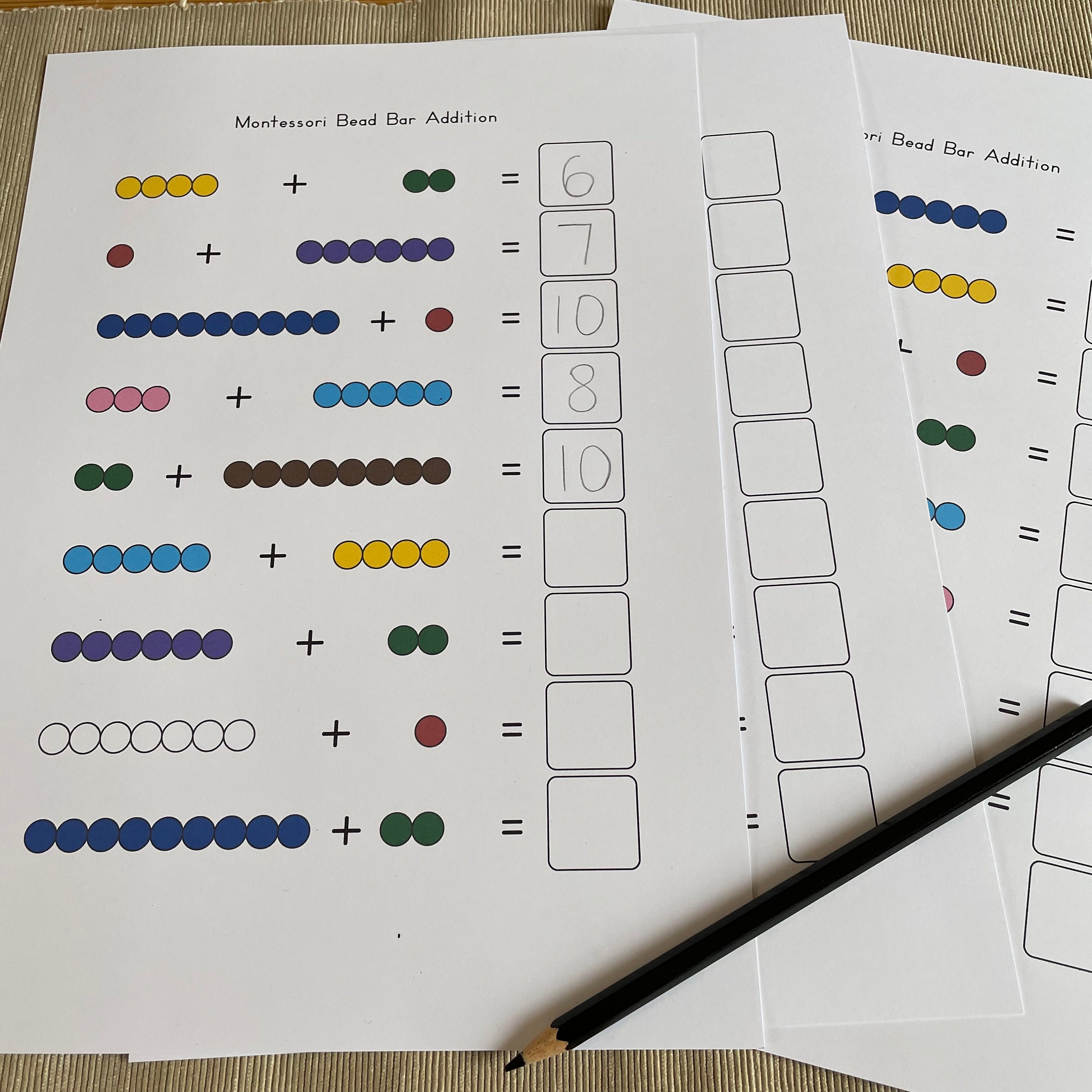 Montessori Bead Bars Addition to 10 Worksheets. Montessori Kindergarten ...
