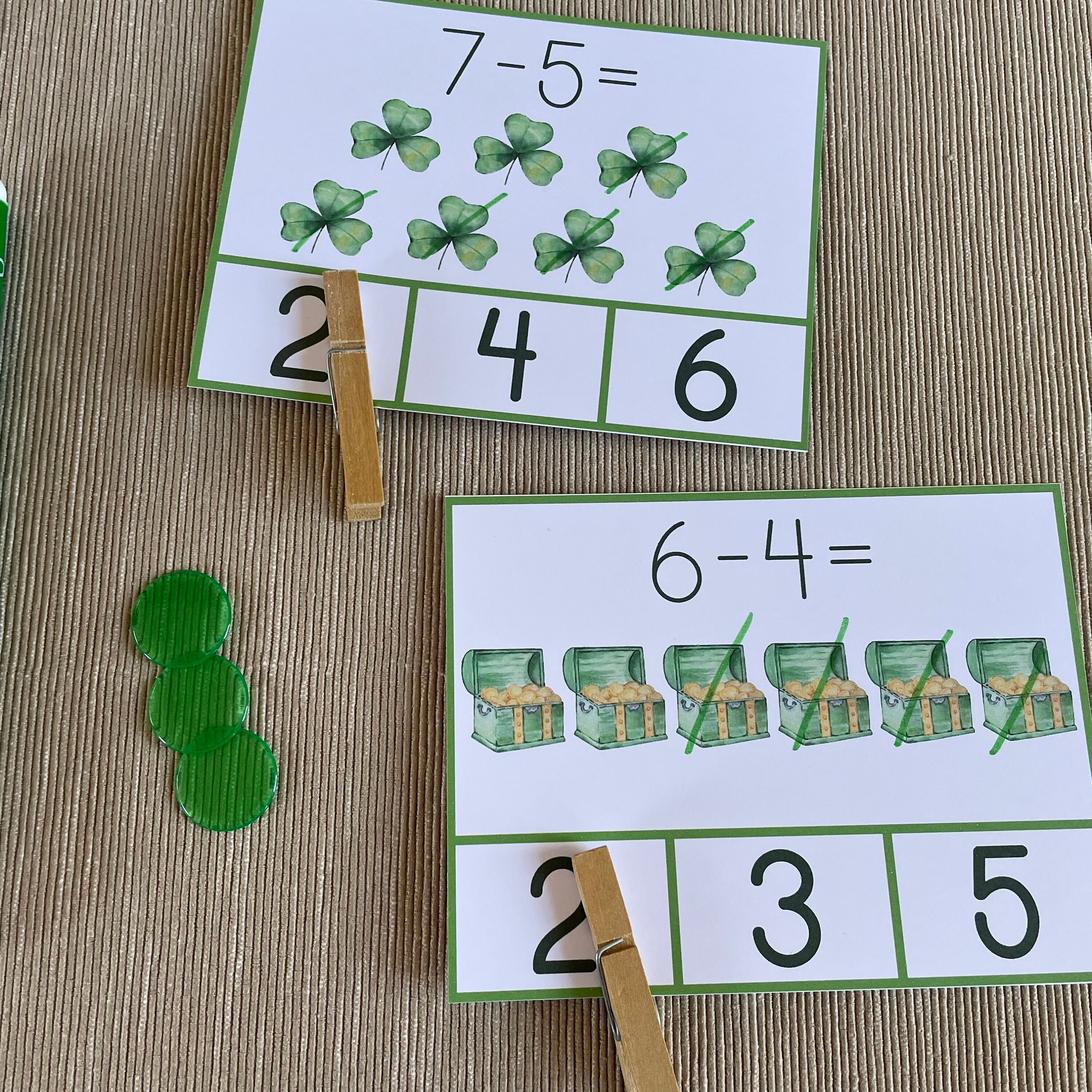 St. Patrick's Day Montessori Printable Clip Cards Subtraction 0-10 ...
